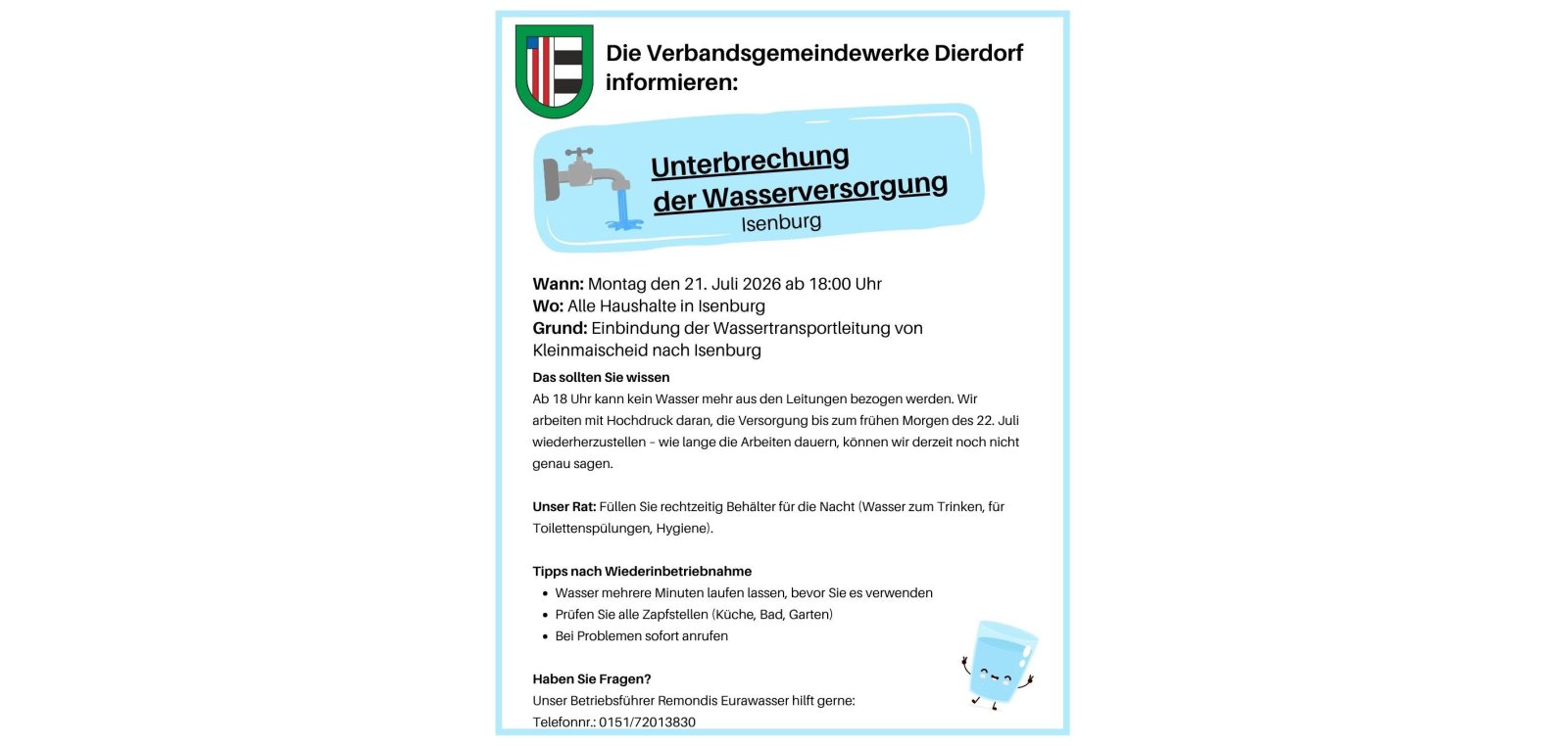 Unterbrechung der Wasserversorgung Isenburg | Verbandsgemeinde Dierdorf